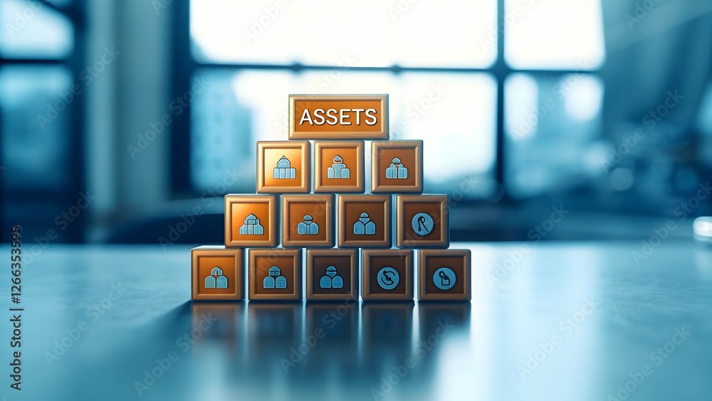 Resource management digital cube blocks labeled Assets being arranged ...