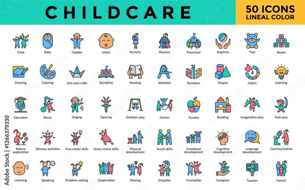 Childcare icons set with child, baby, toddler, infant, nursery, daycare ...