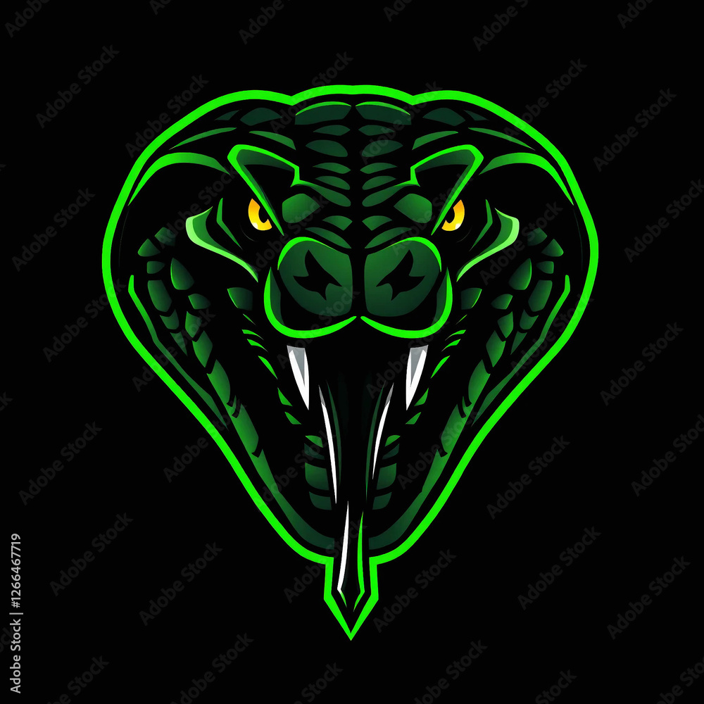 A deadly cobra head logo with dark green and black scales, piercing ...