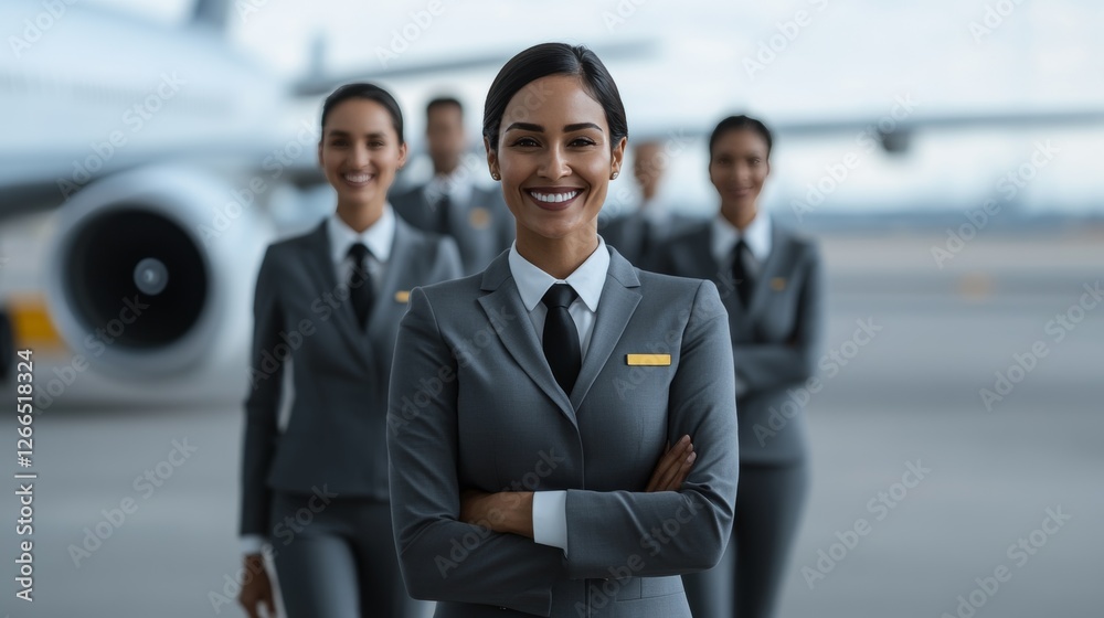 Airline stewardesses standing at the aircraft door, ready to welcome ...