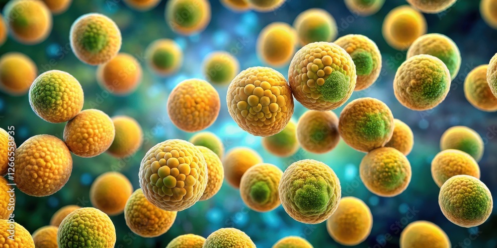 Cluster of spherical Staphylococcus aureus bacteria magnified under a ...