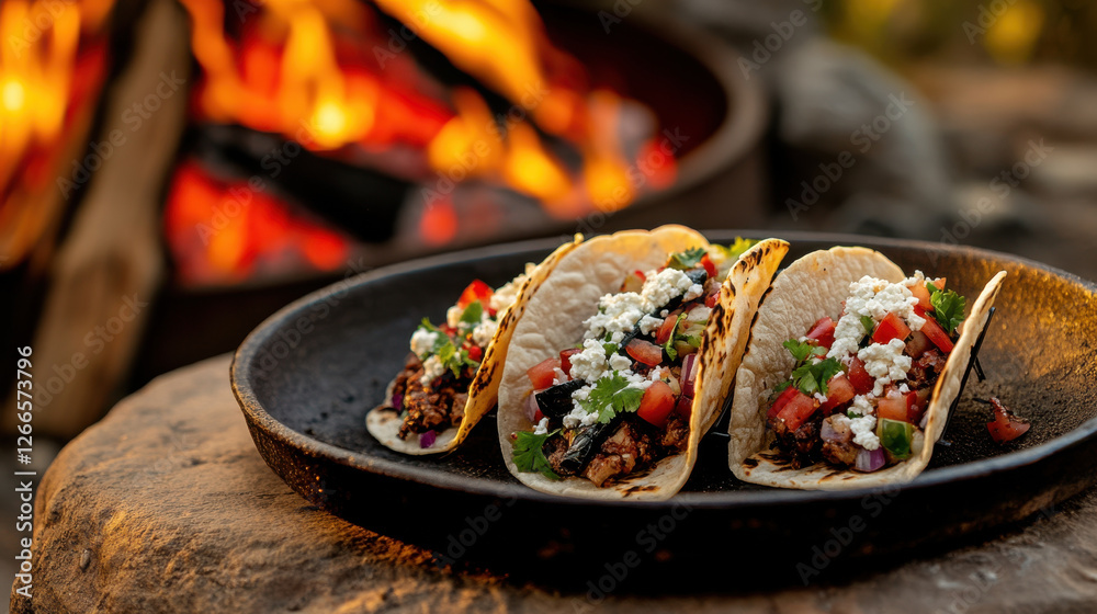 Fire roasted tacos with cotija cheese and fresh toppings Stock Photo ...