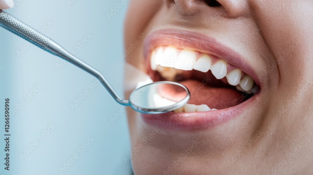 patient smiles as a dentist examines their teeth using a mirror and ...