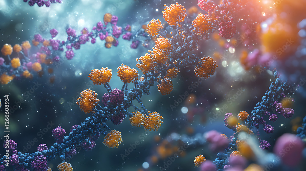 Artistic representation of RNA molecules assembling and replicating in ...