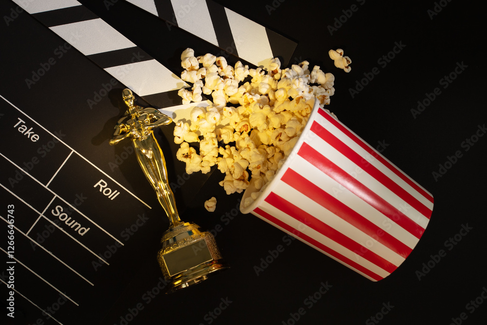 Oscar award, trophy statue with popcorn and a movie clapperboard ...