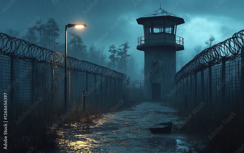 Guards at a correctional facility near a tall watchtower, barbed wire ...