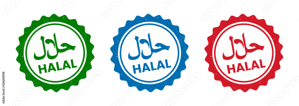 Halal food logo grunge effect stamp, red, blue, and green halal vector ...