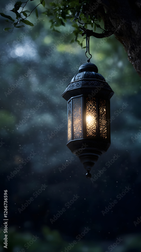 Ramadan Kareem greeting. Islamic crescent moon and lantern. End of ...