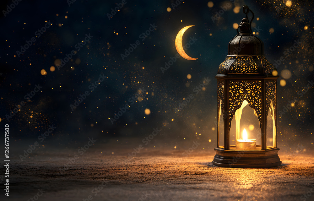 Ramadan Kareem greeting. Islamic crescent moon and lantern. End of ...