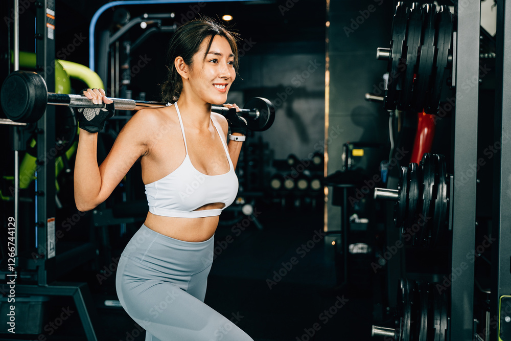 Asian woman muscular guy squat exercise with a lifting barbell in gym, female exercising ...