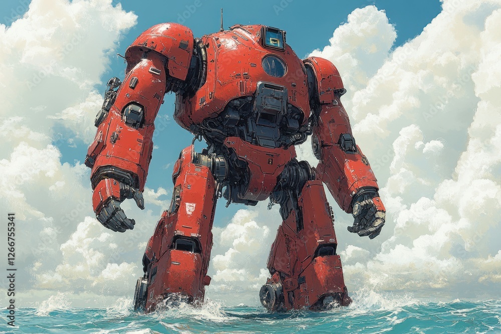 giant red robot emerging from the ocean at sunset on a boat in a retro ...