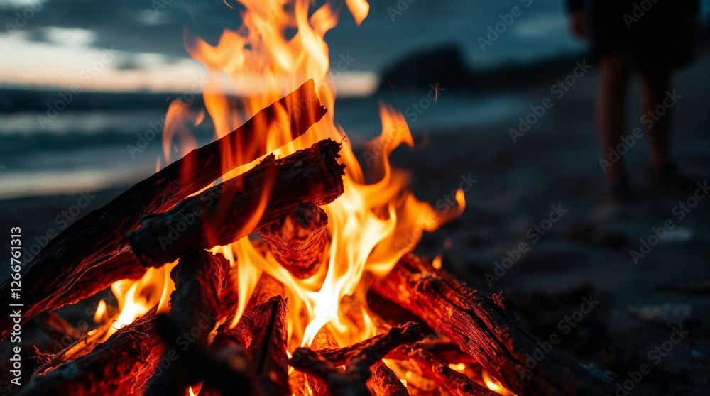 A close-up view of a bonfire with flames dancing in the night, casting ...