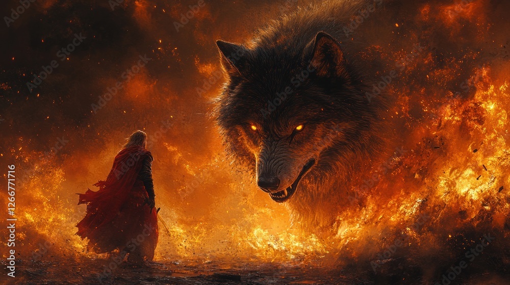 Epic Battle Between Warrior and Mythical Wolf in Dark Fantasy Scene ...