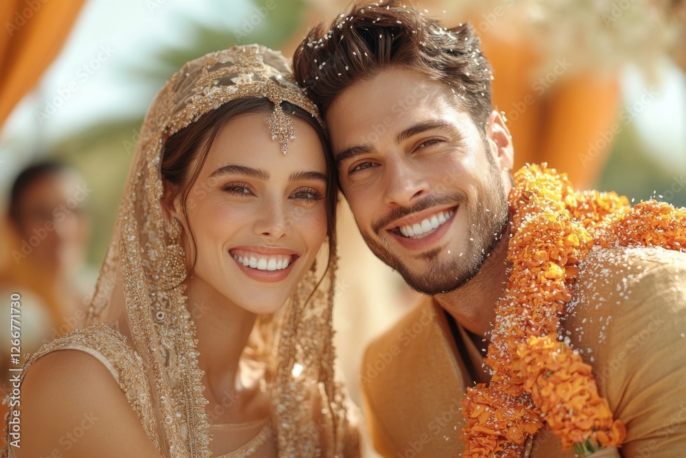 Foto de Stock eastern wedding tradition. the couple smiles and poses ...
