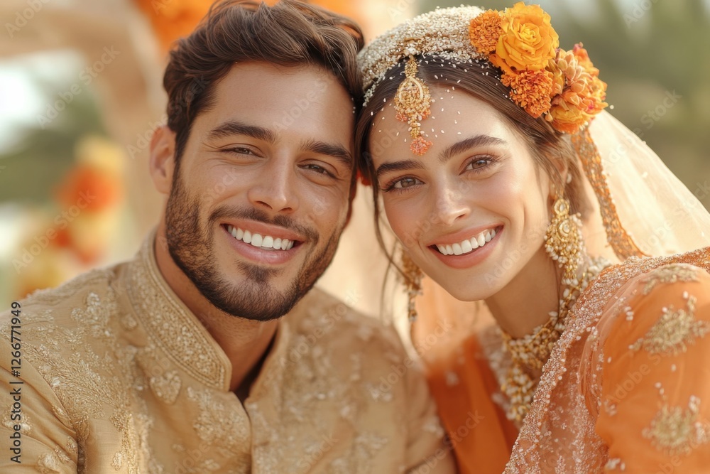 eastern wedding tradition. the couple smiles and poses for a photo. The ...