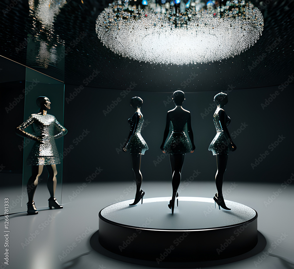 Abstract surrealistic illustration of glass statue several people ...