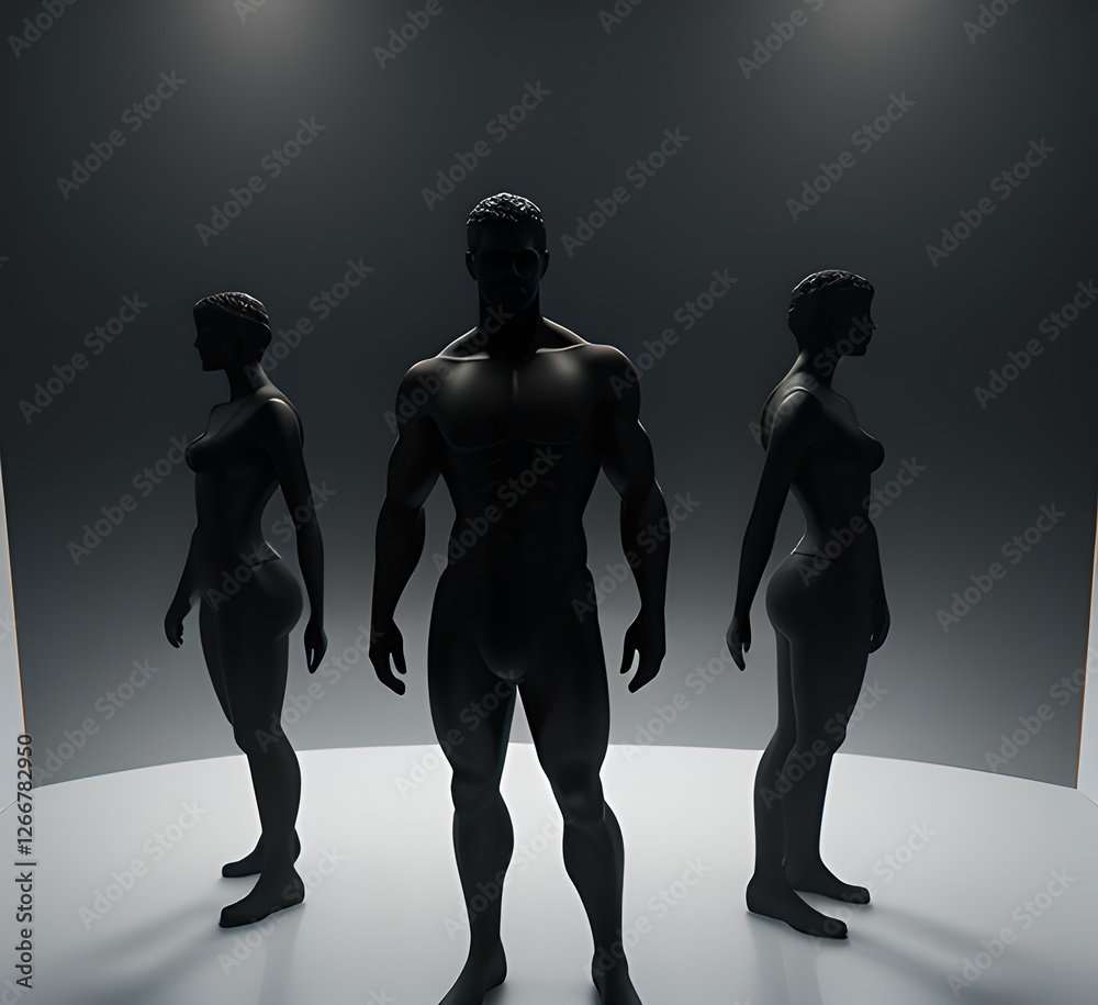 Abstract surrealistic illustration of glass statue several people ...