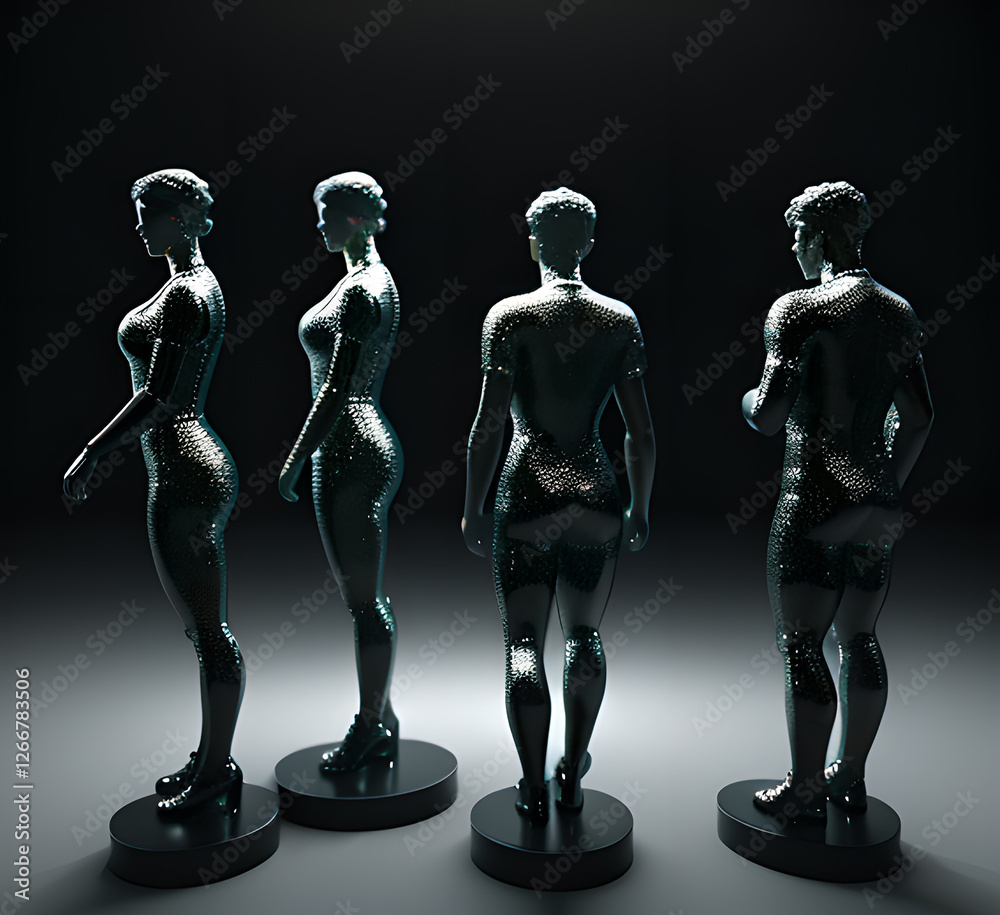 Abstract surrealistic illustration of glass statue several people ...