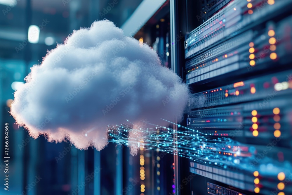 Cloud floating above a server rack in a data center, with cables and ...