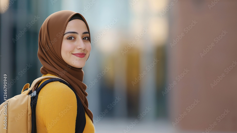 Young arab girl student smiling wearing backpack at university campus ...