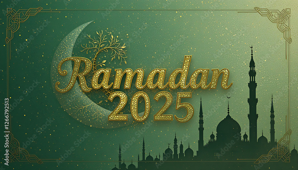 Ramadan 2025 Celebration with Golden Crescent Moon, Mosque Silhouettes ...