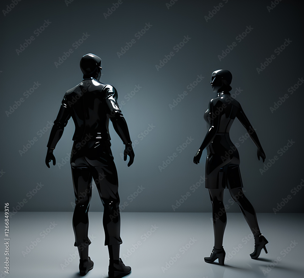 Abstract surrealistic illustration of glass statue several people ...