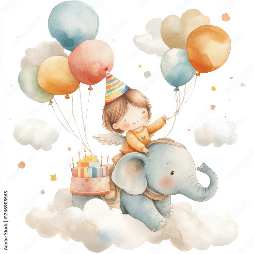 A whimsical cartoon watercolor clipart of a little angel riding on a ...