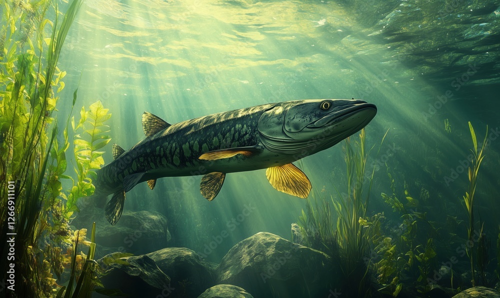 Muskellunge swimming gracefully in underwater habitat with sun rays and ...