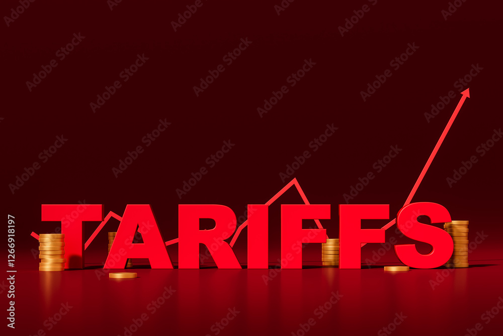 Tariffs increase concept with rising graph and coins. 3D Rendering ...