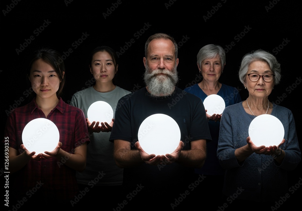 Diverse Group Holding Glowing Spheres - Illuminated Perspective on ...