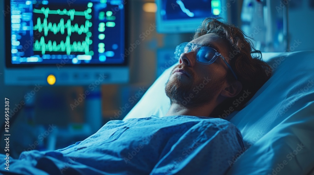 In a modern hospital room, a male patient lies on a bed, relaxed and ...