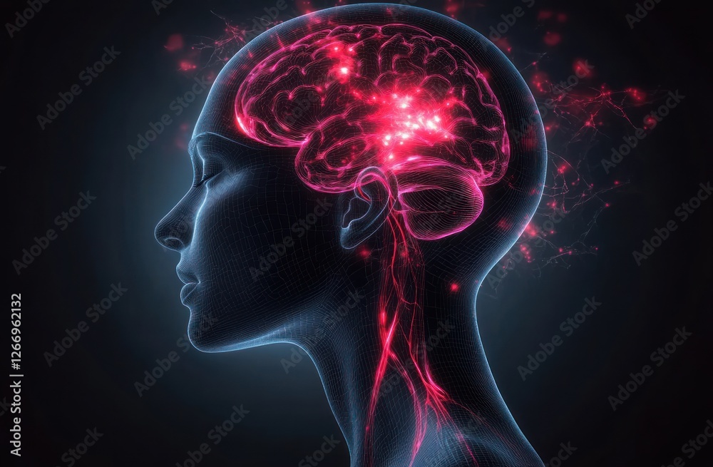 Human Head Anatomy Illustration with Glowing Brain Neural Pathways and ...