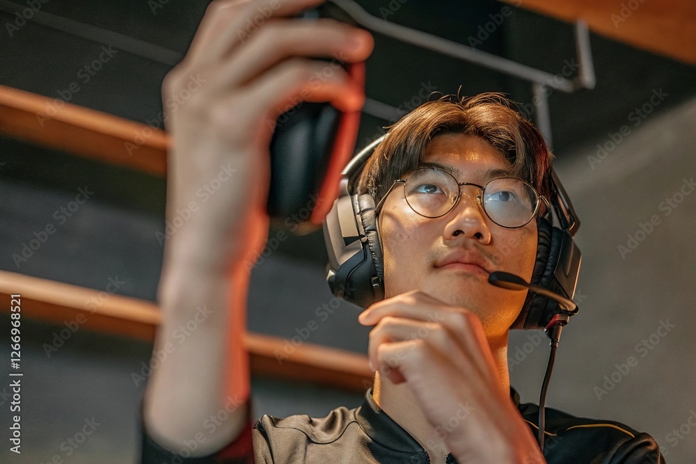 Dynamic gaming action of a male korean esports gamer in an urban setup ...