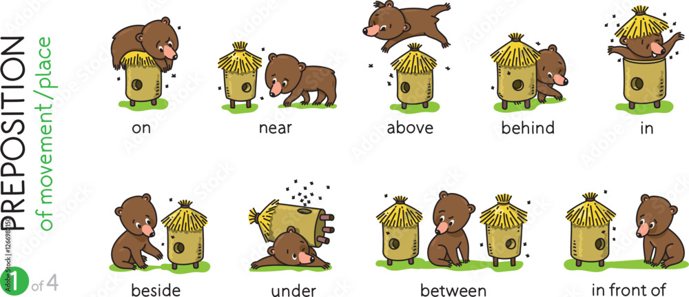 Preposition of place. Funny bears cartoon set Stock Vector | Adobe Stock