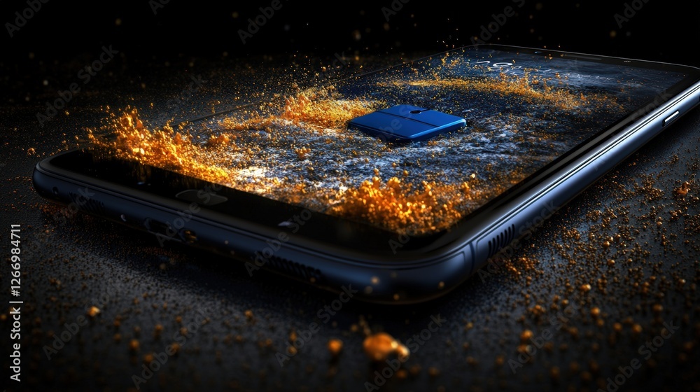 Cell phone with blue screen and lock displayed on a black surface in ...