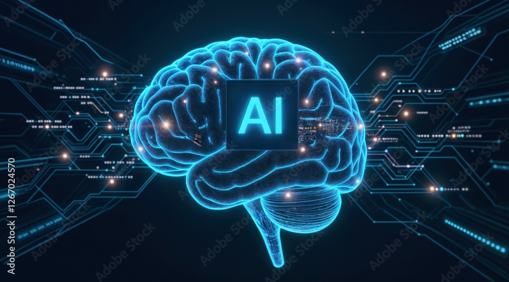 High-tech AI brain with illuminated circuit structures, transparent ...