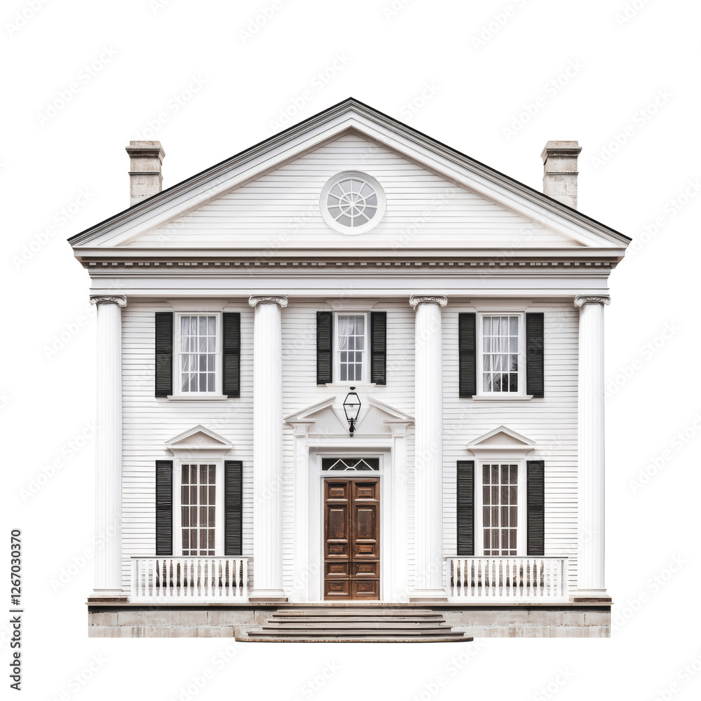 Elegant white colonial house with black shutters and grand entrance ...