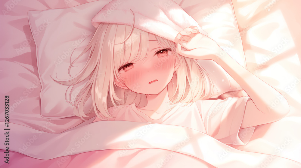 Cute anime girl with fever recovering from cold and flu resting in bed ...