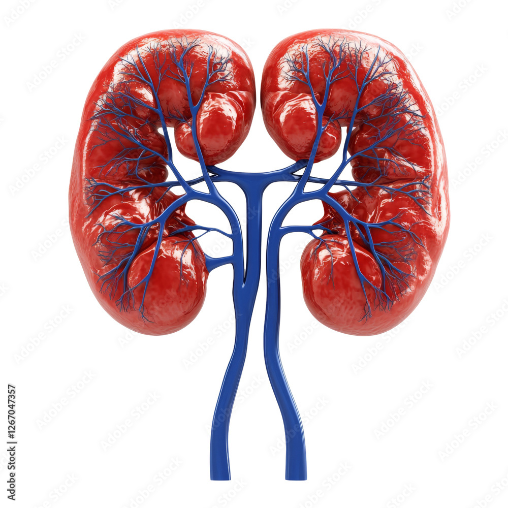 Anatomical illustration of human kidneys with detailed blood vessels ...