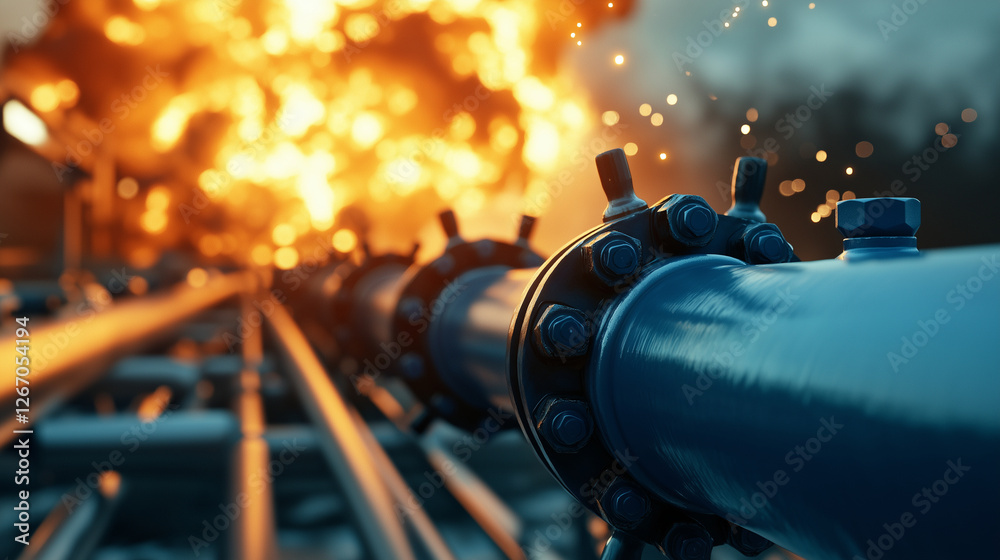 Detailed view of a high-pressure industrial pipeline system, its blue ...