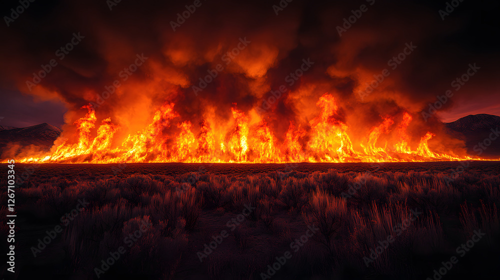 Inferno Across the Horizon: A dramatic depiction of a raging wildfire ...