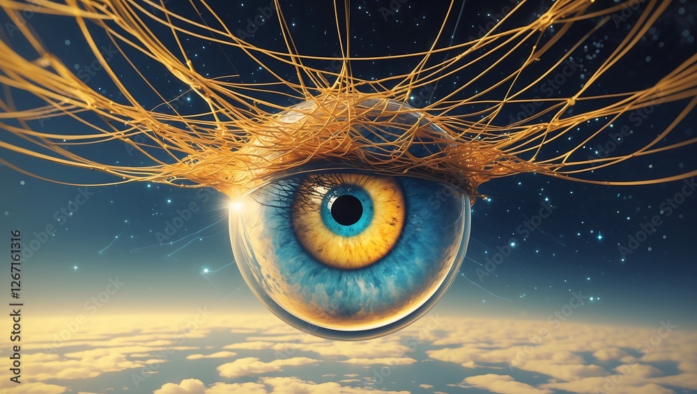 Surreal Eye Floating Above Clouds with Starry Sky and Golden Strands ...