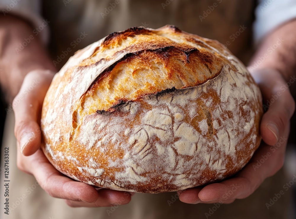 Baker hands holding artisan sourdough bread, bakery background, food ...