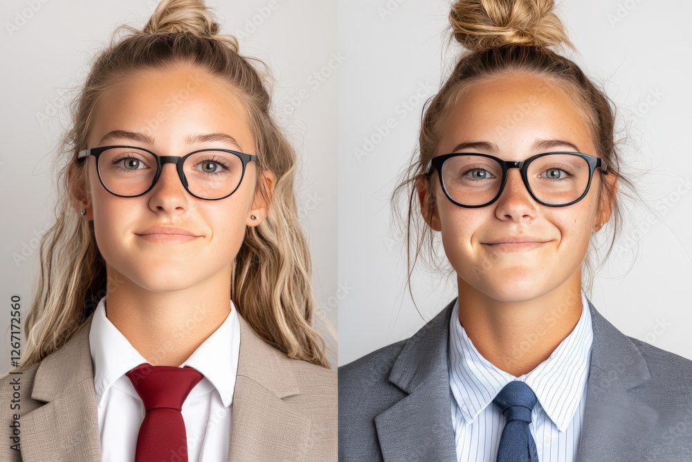 Twin sisters in formal suits identical but distinct personalities ...
