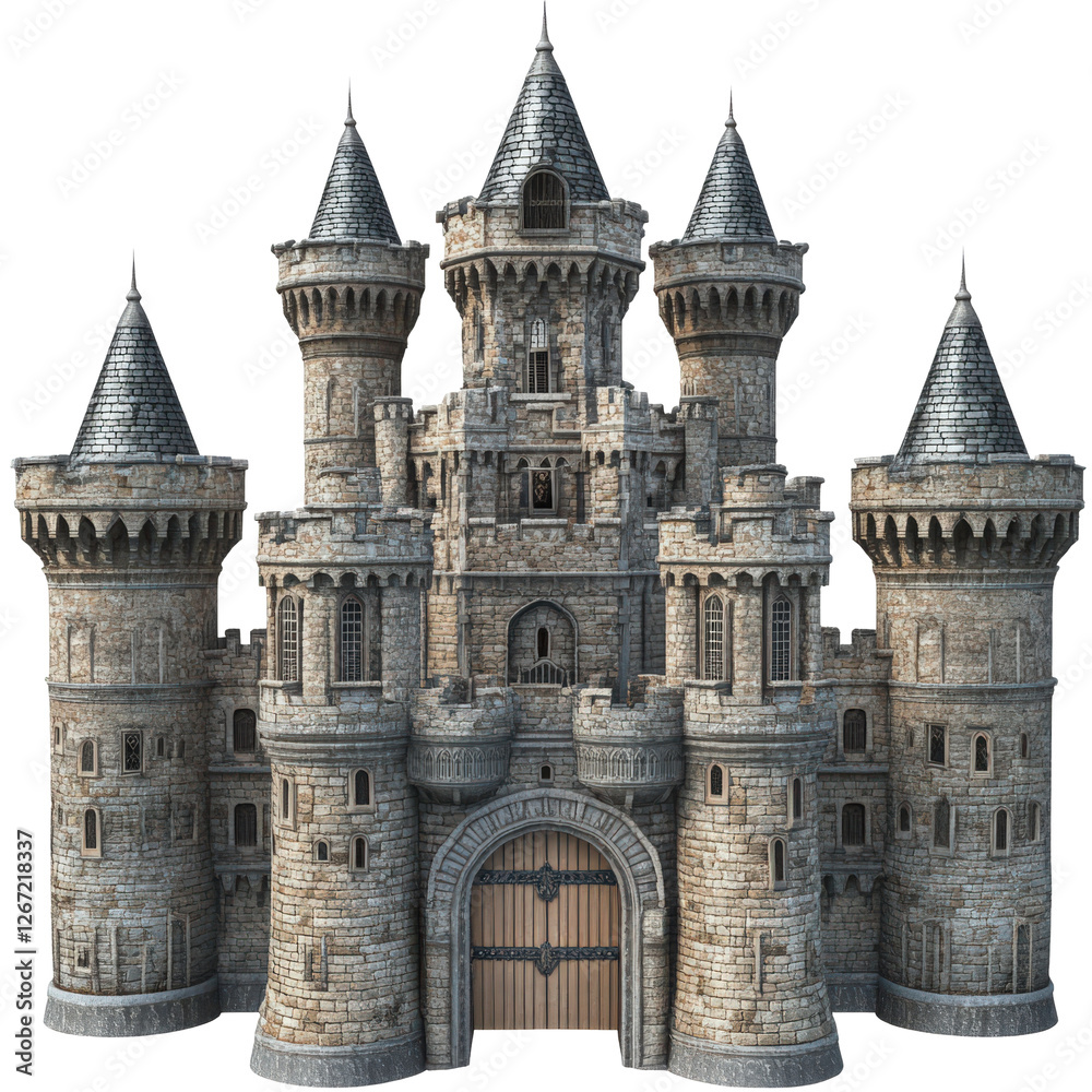 3D model of a castle with multiple towers and a central gate ...