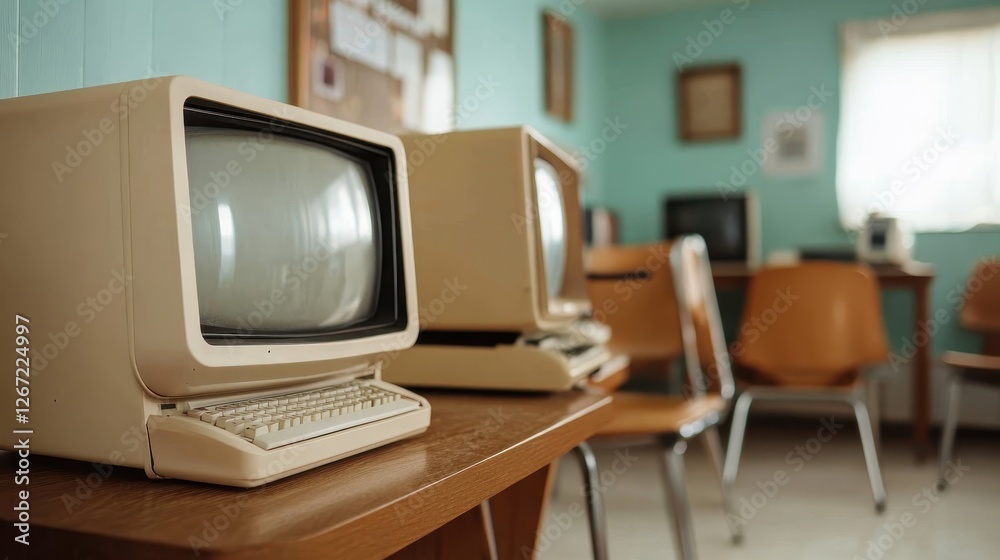 Foto de Stock Two vintage computers sit side by side in a retro office ...