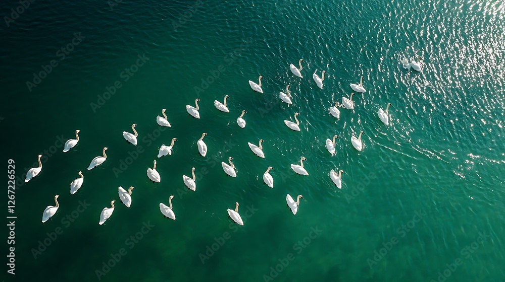 Aerial view of a flock of swans swimming gracefully in clear turquoise ...