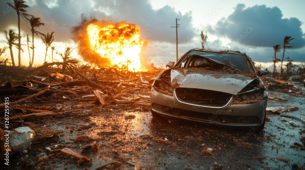 An intense explosion disrupts a barren landscape with destruction ...