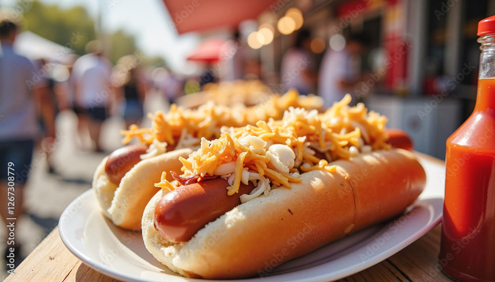 Loaded hot dogs with mustard, onions, and sauerkraut served at a ...
