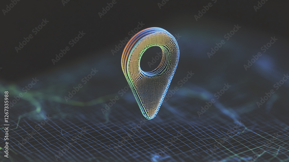 Holographic Location Pin: A shimmering holographic location pin stands ...